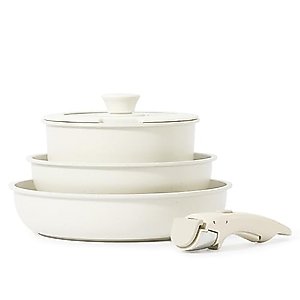 CAROTE Nonstick Cookware Sets, Non Stick Pots and Pans Set Detachable Handle, Kitchen Cookware Sets with Removable Handle, Stackable RV Cookware for Campers, Dishwasher/Oven Safe (White 5 PCS)