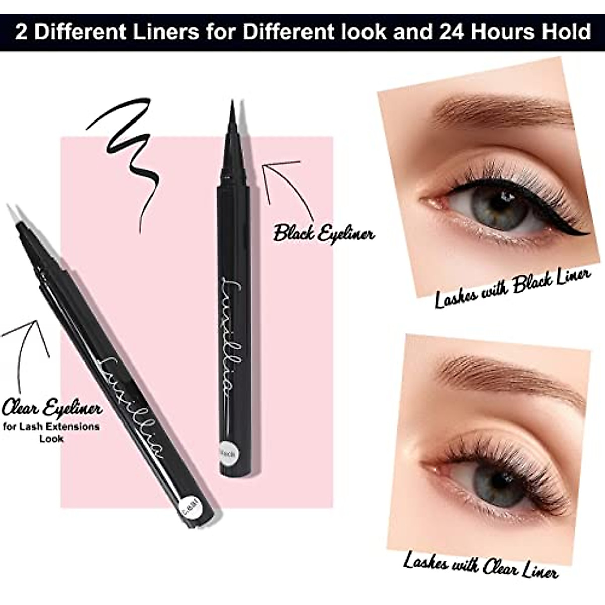 Luxillia (Clear + Black) Magnetic Eyeliner with Eyelashes Kit - Free Applicator Tool, 8D Most Natural Look Eyelash No Magnets Needed - Best Reusable False Eye Lash, Waterproof Liner Pen and Lashes