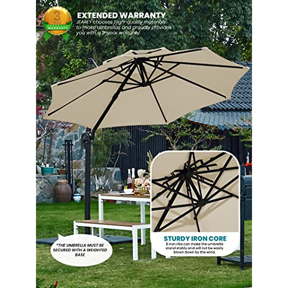 JEAREY 9FT Cantilever Patio Umbrellas Double Top Outdoor Umbrella Heavy Duty Offset Sun Umbrella with Umbrella Cover for Garden, Deck, Backyard and Pool, Beige