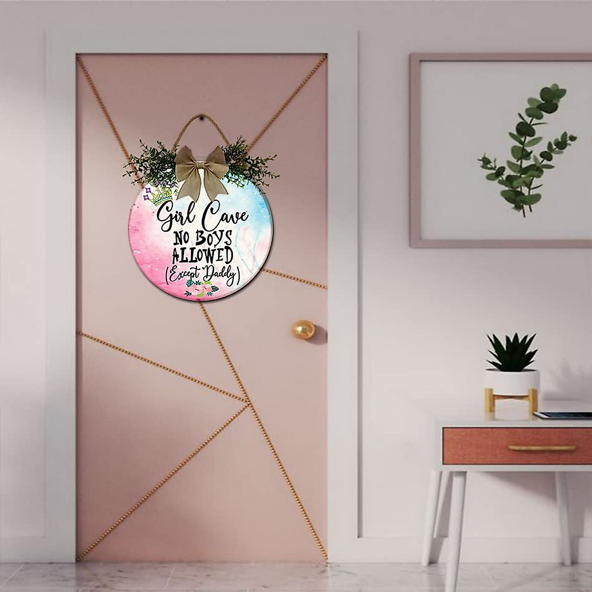 Girl Cave Sign, Girls Room Front Door Sign Baby Toddler Kids Bedroom Living Room Hanging Rustic Wood Farmhouse Nursery Toddler Room Decoration Girl Cave Round Door Hanging Sign 11"