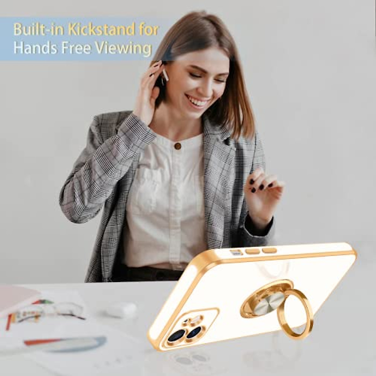 Fingic iPhone 12 Case with 360° Rotatable Ring Holder Magnetic Kickstand, Shiny Plating Gold Edge, Slim Soft TPU Shockproof Protective Cover for Women, Men, White