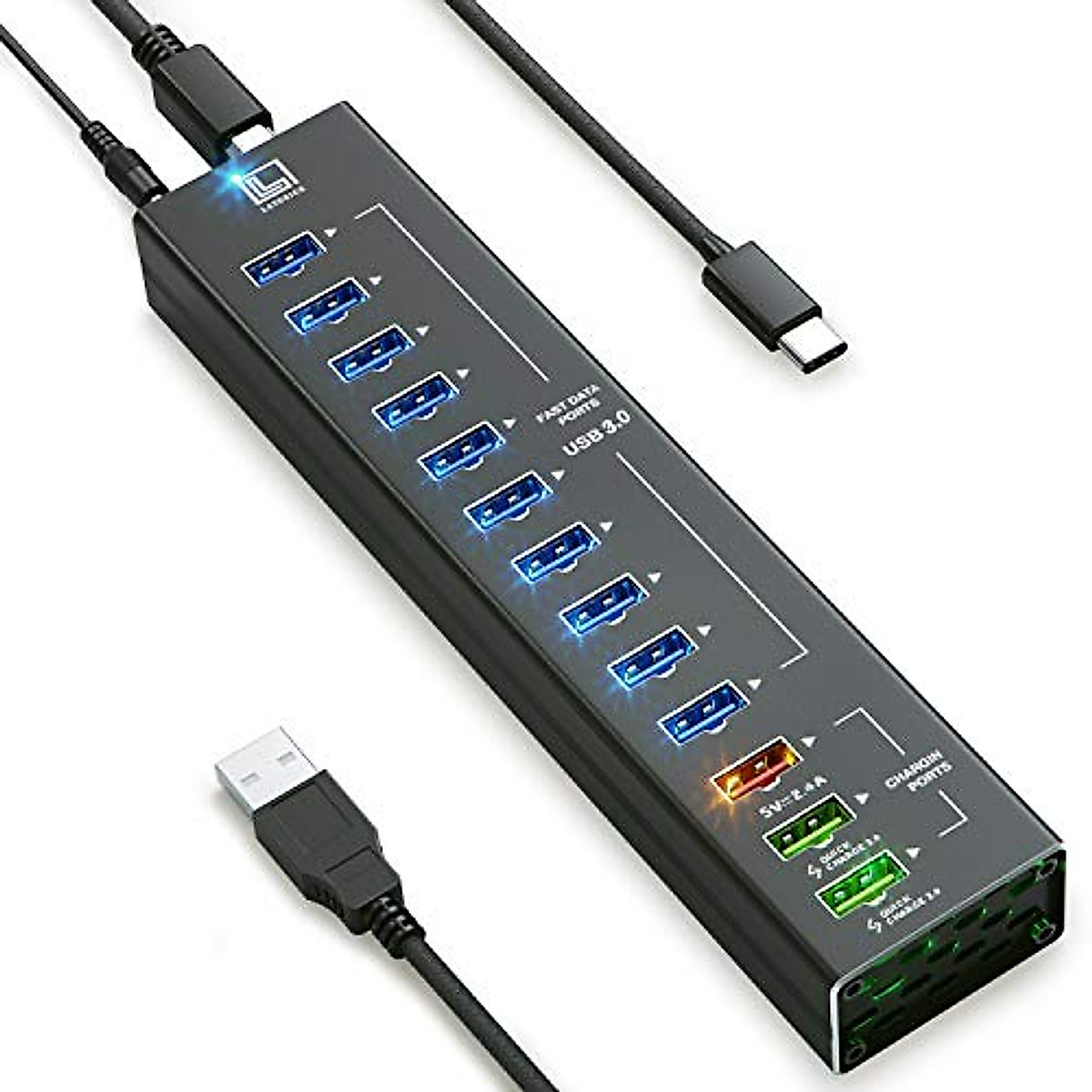 LATORICE USB Hub Powered, 13 Multi-Port USB Hub with 10 USB 3.0 Ports 2 IQ Quick Charge Ports, and Port with up to 2,4A Power, Powered USB Splitter with Cords C and A, Unibody Aluminum USB HUB