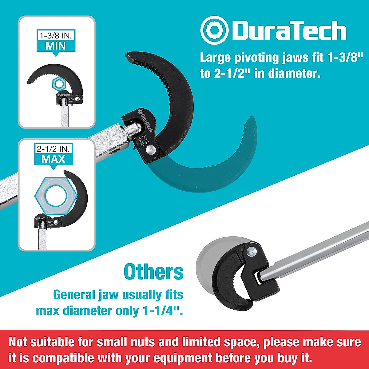 DURATECH 10"-17" Telescoping Basin Wrench with 1-3/8" to 2-1/2" Large Jaw Capacity & Tub Drain Remover Wrench Aluminum Alloy Drain Removal Tool, Dual Ended