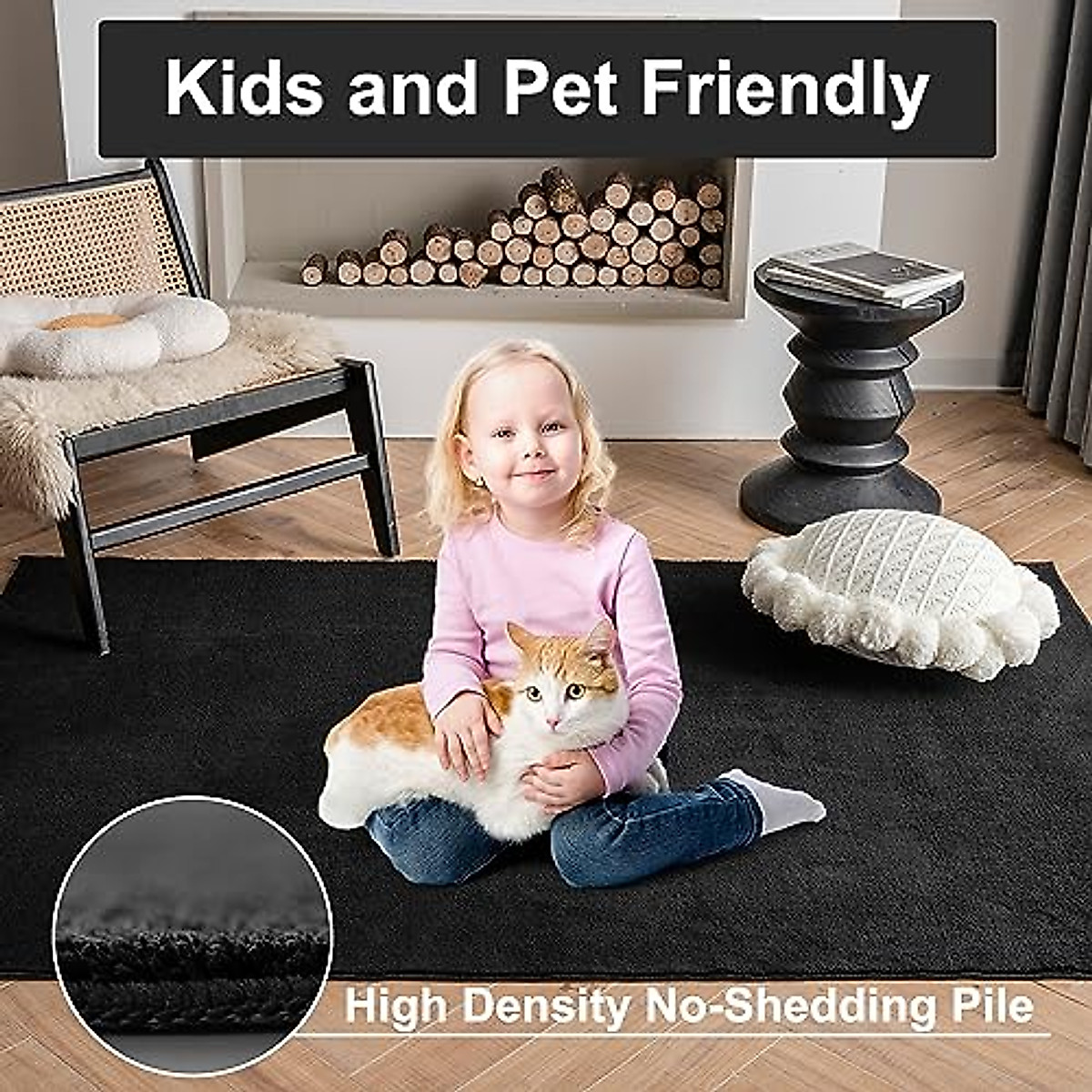 LIVEBOX Fluffy Shaggy Area Rug for Living Room,4x6 Feet Black Shag Washable Rug for Bedroom, Non Shedding and Non Slip Nursery Rug for Kids Baby,Faux Wool Rug Carpet for Teen's Room