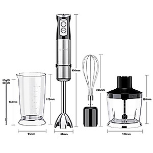 HOUCAE Hand Blender, Turbo for Finer Results, 4-in-1 Gift Set, 500 Watt 6-Speed Immersion Multi-Purpose Hand Blender Heavy Duty Copper Motor Brushed 304 Stainless Steel With Whisk, Milk Frother Attachments. Black.