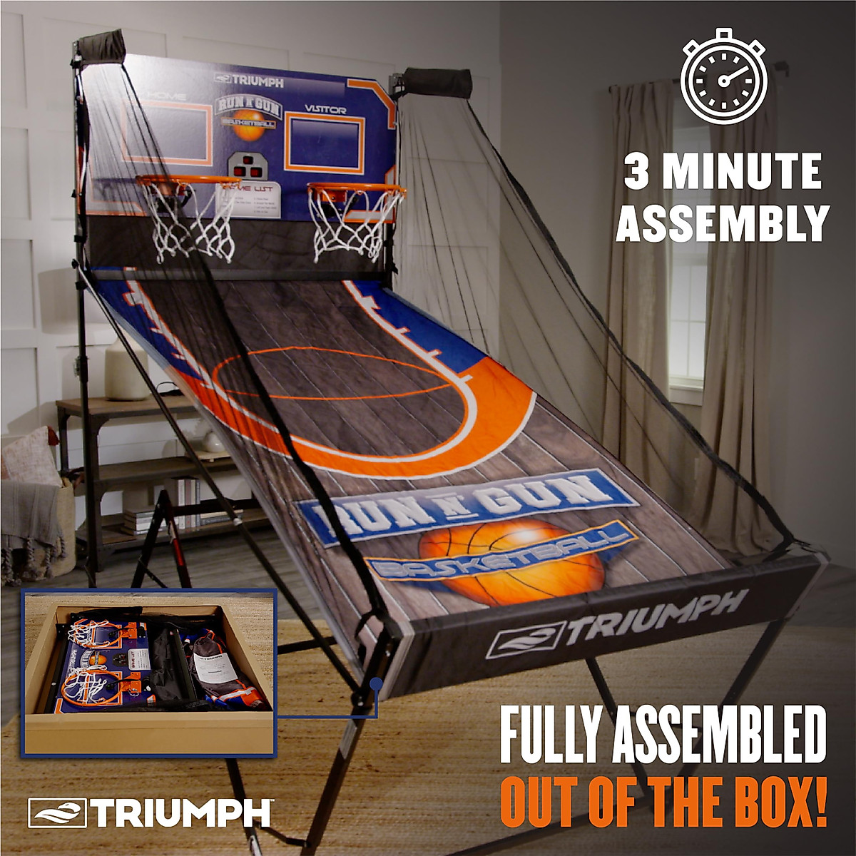 Triumph Sports Run n Gun Arcade Basketball Shootout Game Fully and Semi Assembled Out of The Box Fold Out and Play! Folds 100% Flat for Complete Storage Fully Portable, Play Inside or Outside