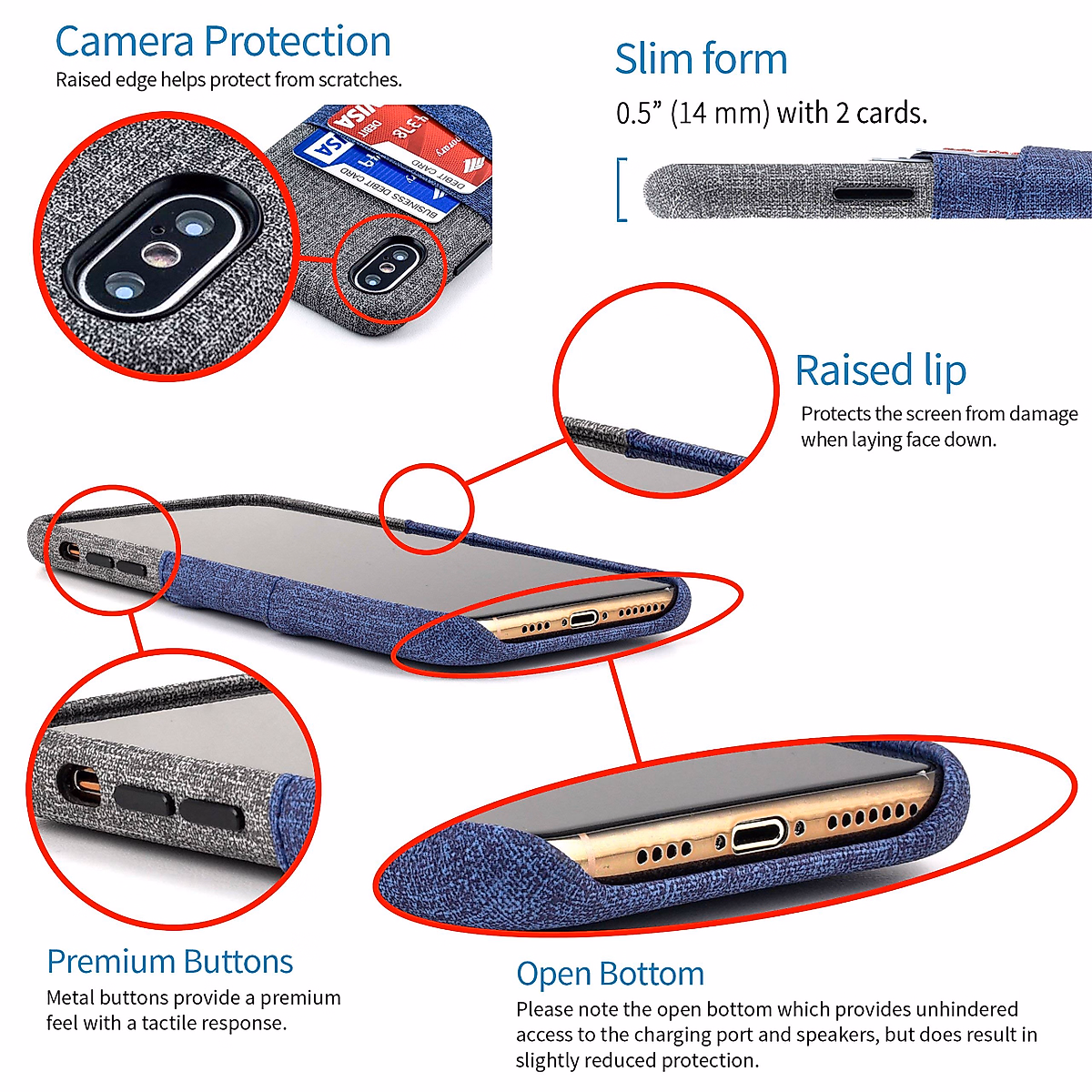 Dockem Wallet Case for iPhone X/XS (5.8"): Built-in Metal Plate for Magnetic Mounting & 2 Credit Card Holder Slots (Luxe M2 Synthetic Leather, Blue & Grey)