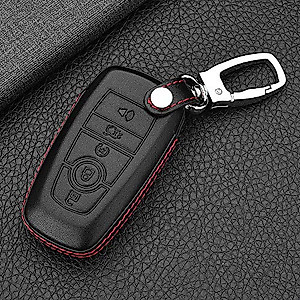Royalfox(TM) 3 4 5 Buttons Real Leather keyless Entry Remote Key Fob case Cover Keychain for 2017 2018 2019 2020 2021 Ford Mustang Explorer Edge Fusion Mondeo F150 F250 F350 F450 F550 (Black Leather)