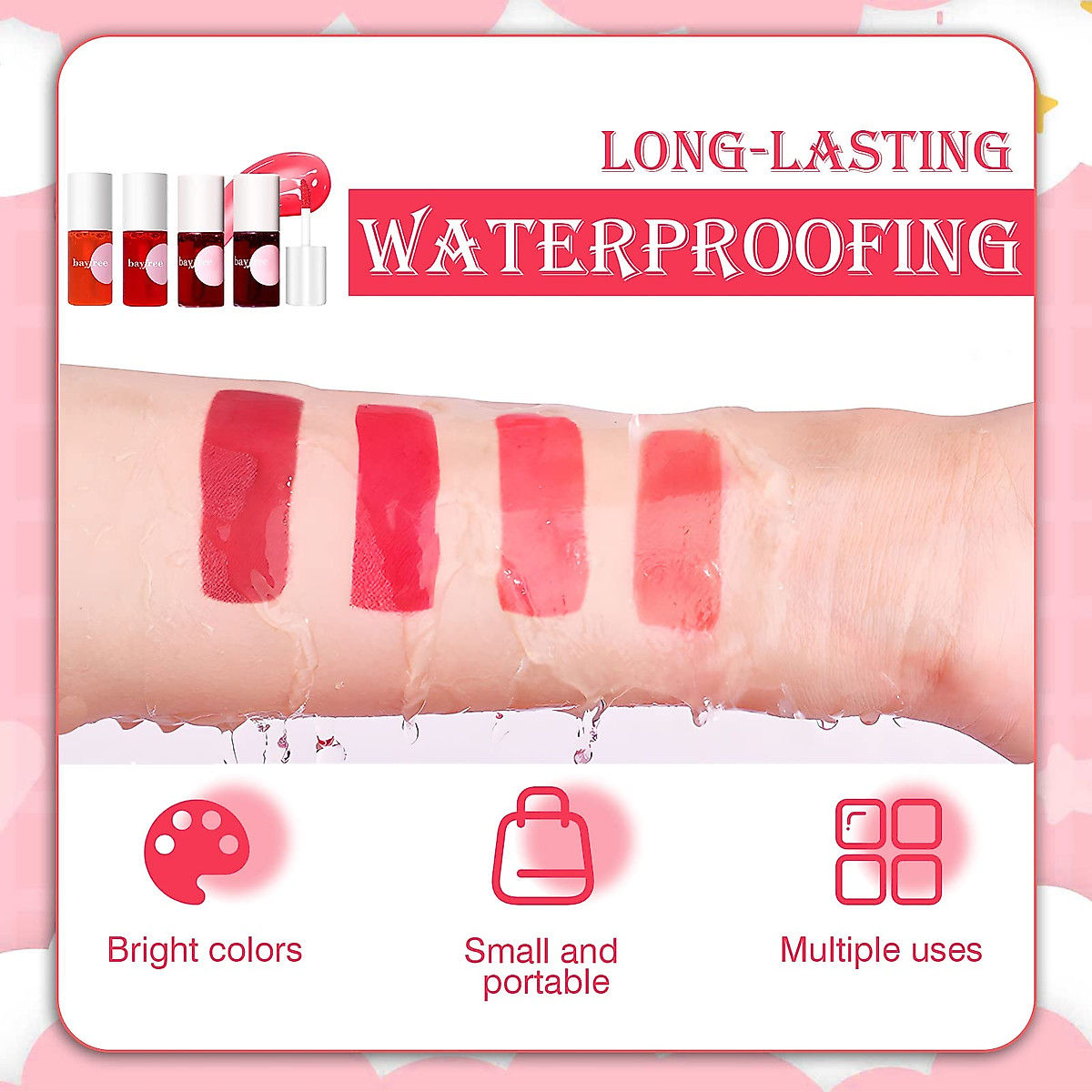 Lip Tint Korean Stain Set, 4 Colors Tinta Para Labios Water Long Lasting Waterproof Easy Apply Plumping Lip Moisturizing Mini Lipstick(Apple & Strawberry &Watermelon& Cherry)