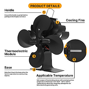 LerkeHony 4 Silent Heat Powered Stove Fan, Log Burner Fan with a Thermometer, Eco Friendly Heat Circulation for Wood/Log Burner/Fireplace/Free Stove Thermometer Satin/Black
