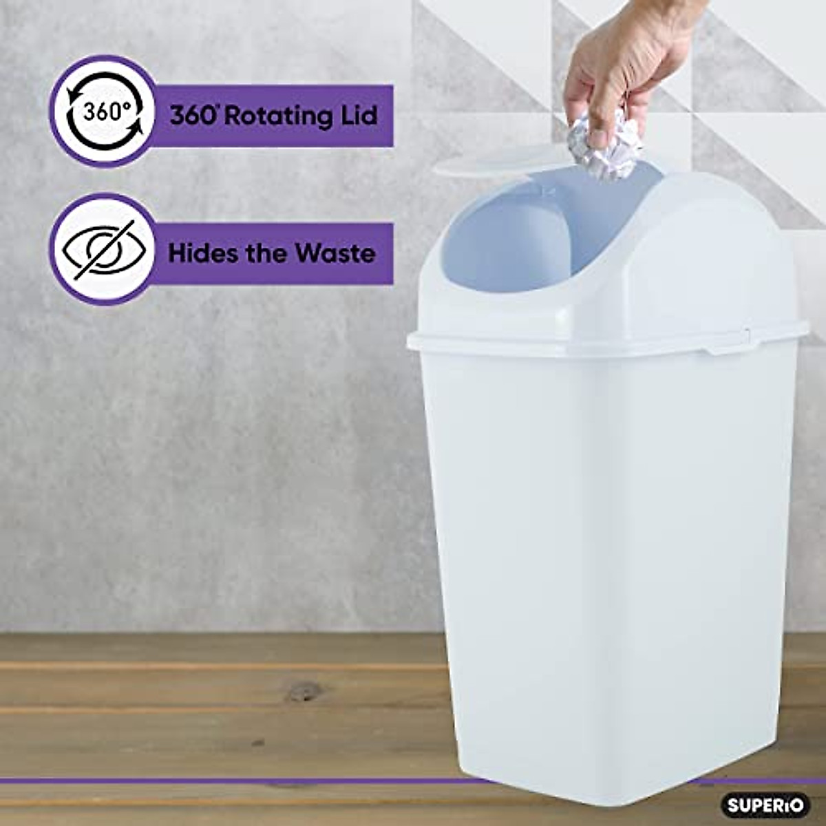 Superio Swing Top Trash Can, Waste Bin for Home, Kitchen, Office, Bedroom, Bathroom, Ideal for Large or Small Spaces - White (3 Pack- 4.5 Gal, 9 Gal, 13 Gal)