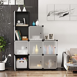 AWTATOS Storage Cube Organizer with Doors, Stackable Closet Shelf for Bedroom, Clothes Shelving Rack, DIY Square 9 Cubes Bookcase Bookshelf, Plastic Space Saver for Home, Living Room, Office, Black