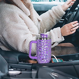 sweet grain 40 oz Tumbler with Handle and Straw, Stainless Steel Purple Leopard Print Tumbler with Handle, Double Vacuum Leopard Cup, Keeps Drinks Cold Up to 24 Hours