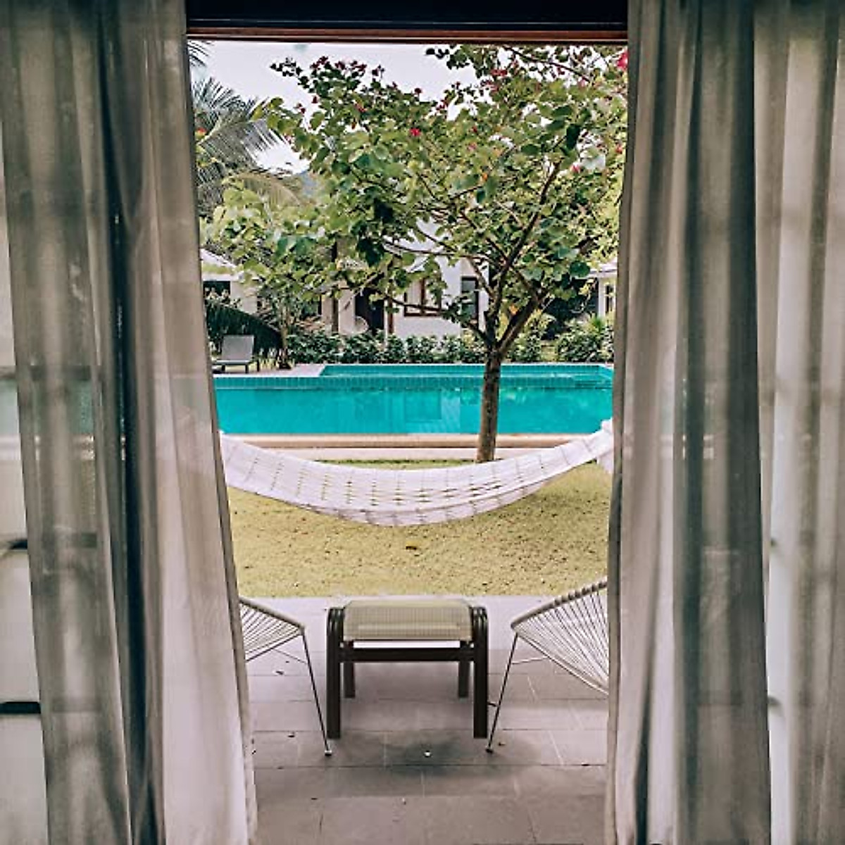 Deugold Outdoor Patio Ottoman Seat Textilene Portable Metal Footstool Portable Footrest Patio Chairs 2 Set Beige