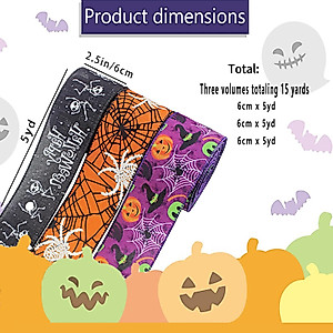 3 Rolls 15 Yards Halloween Ribbon Wired Edge Ribbons 2.5 inchSpider Web Skull Pumpkin Ribbons ，Purple Orange Black Burlap Ribbon ，for Wreath Home Party DIY Craft Floral Bow Decoration Supplies