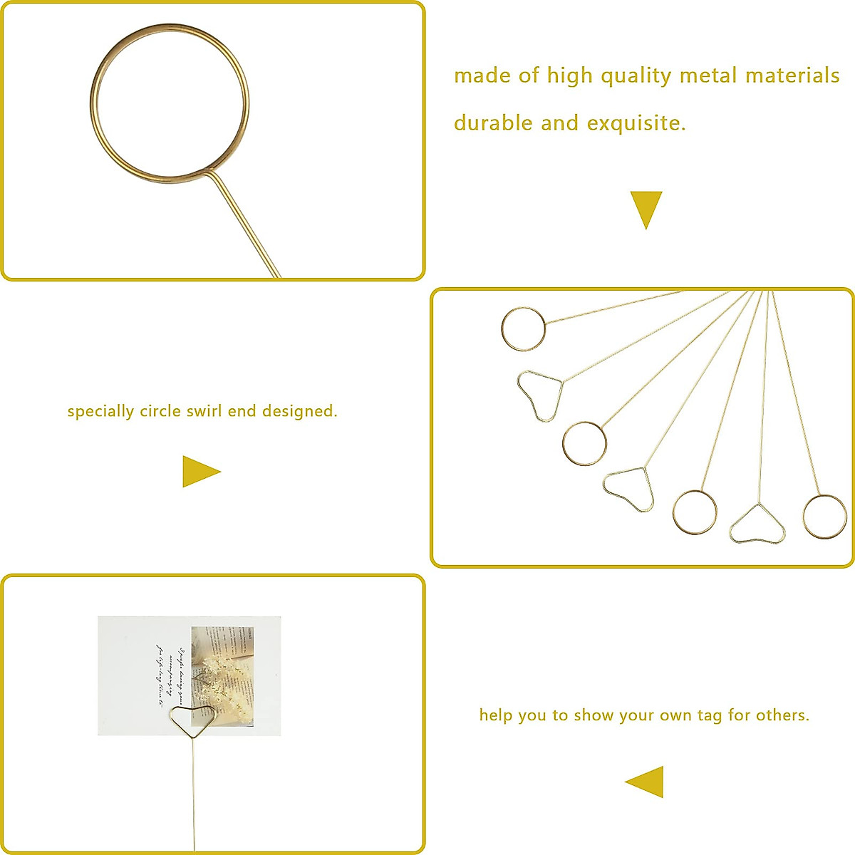 QTLCOHD 100Pcs Floral Card Holder Picks, 13.4 Inch Heart Shape Metal Floral Place Card Holder, Picture Photo Memo Holder Gold Round Photo Stick Clip, Gift Card Holder for Wedding and Party