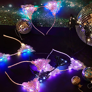 Juexica 12 Pcs Lace LED Ears Headband, Cat Ears Glow Light up Headband Pack for Women Girls, Halloween Party Accessories Favors, Black, White, Pink