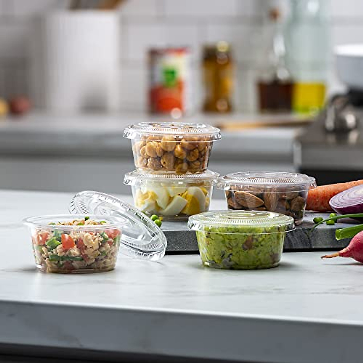 (3.25 oz - 100 Sets) Clear Diposable Plastic Portion Cups With Lids, Small Mini Containers For Portion Controll, Jello Shots, Meal Prep, Sauce Cups, Slime, Condiments, Medicine, Dressings,