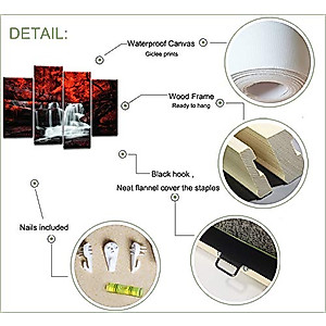 LevvArts Black White and Red Wall Art 4 Pieces Red Tree Forest Waterfall Picture Canvas Print Autumn Landscape Paintings Framed for Office Home Living Room Decor Ready to Hang