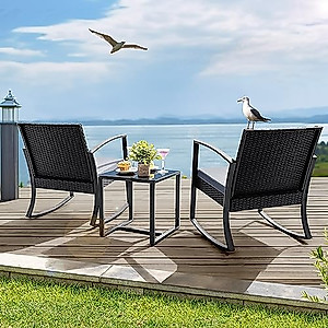 Homall 3 Pieces Patio Set Rocking Bistro Set, Patio Outdoor Furniture Porch Chairs with Cushions and Table for Poolside, Balcony, Porch and Yard (Grey)