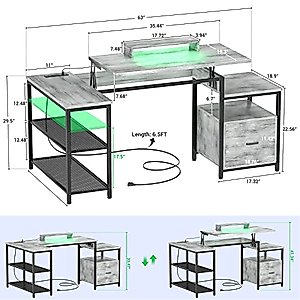 Aheaplus L Shaped Desk with Power Outlet, Standing Home Office Desk with Lift Top and File Drawer, 63'' Corner Computer Desk with Monitor Stand&Printer Shelves, Gaming Desk with Led Lights, White Oak