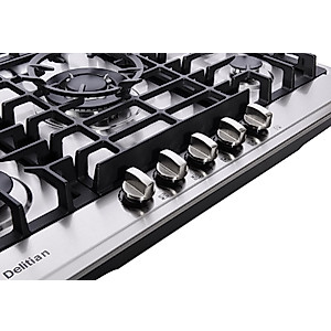 30 Inch Gas Cooktop DT5703 Built-in Stainless Steel 5 Burners Gas Stovetop LPG/NG Convertible Dual Fuel Gas Hob