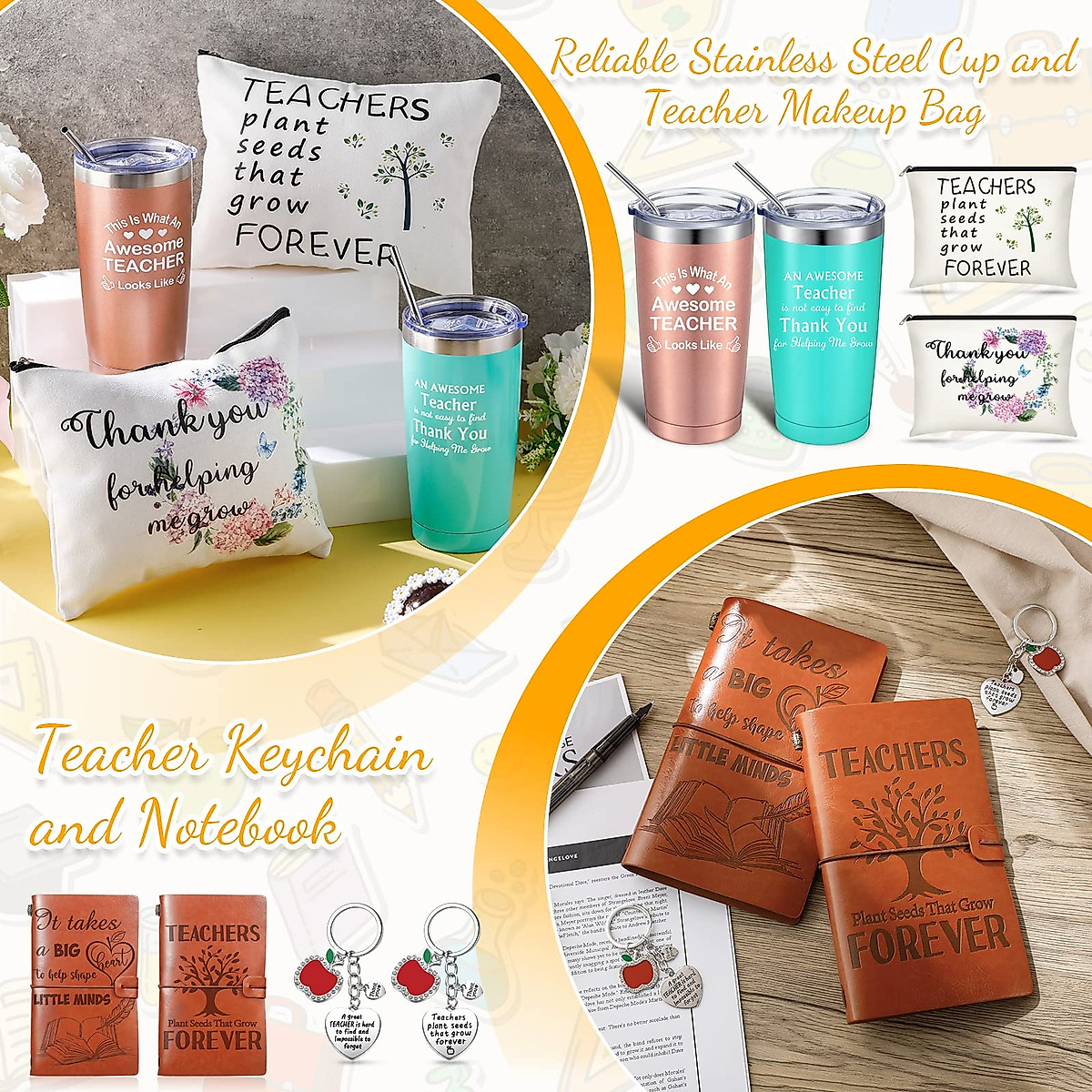 Sabary 8 Pieces Novelty Teacher's Day Appreciation Gifts Set for Women, 20 oz Travel Tumbler with Straws Brushes and Lids, Teacher Makeup Bag Cosmetic Bag, Teacher Keychain, Teacher Leather Journal