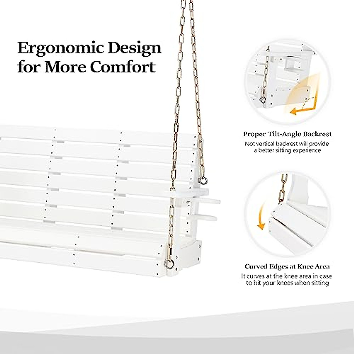 VINGLI Heavy Duty 1600 LBS HDPE Porch Swing Outdoor with Rotatable Cup Holder, 4 FT Patio Bench Swing with Adjustable Chains, 2 Person Hanging Porch Swing Chair for Porch, Yard, Tree, Garden - White