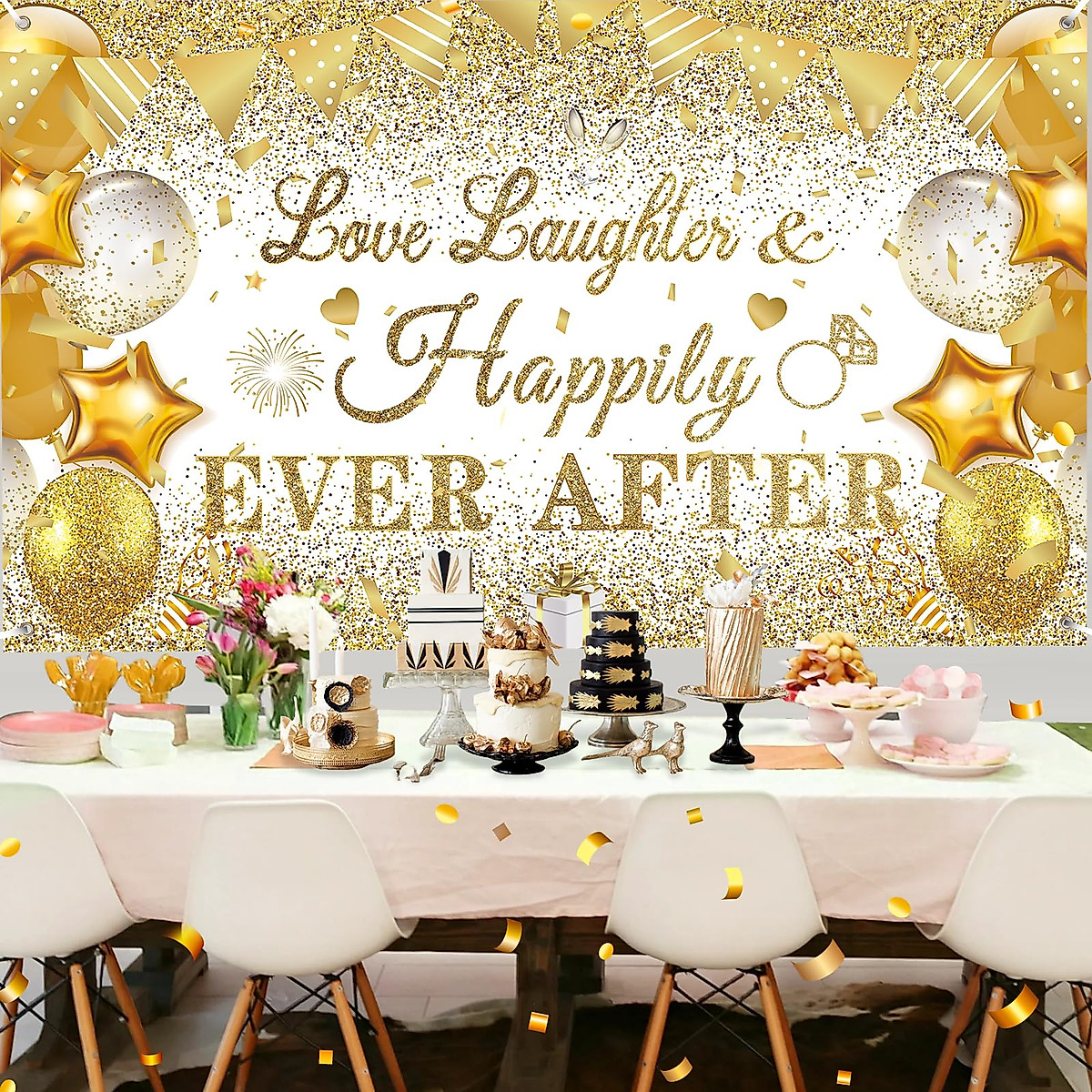 White Gold Bridal Shower Decorations Love Laughter and Happily Ever After Banner Backdrop Wedding Shower Banner Happily Ever After Decorations White Gold Wedding Bridal Engagement Party Decorations