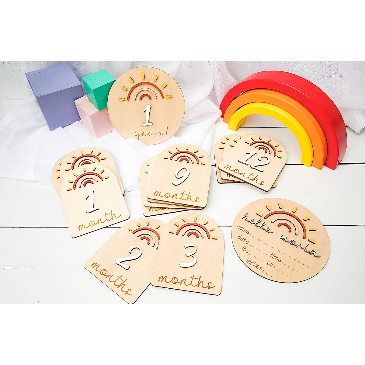 Baby Monthly Milestone Growth Announcement | Hello World | First Year | Photoshoot | Pregnancy Gift |Wooden Cards Markers Cutout Sunshine Rainbow Boho