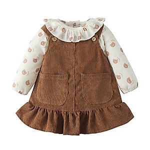 YENTAKE Newborn Baby Girl Dresses Clothes Long Sleeve Ruffle Romper Infant Suspender Skirt Set Baby Overall Fall Outfits (Brown, 12-18M)