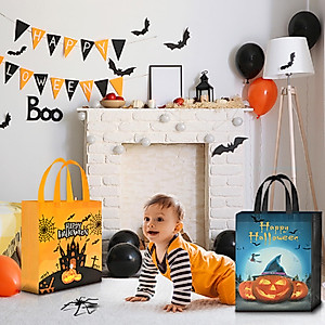 AhfuLife 6 Pcs Halloween Trick or Treat Bags, Large Halloween Tote Bags with Handles, Reusable Halloween Non-Woven Candy Bags for Halloween Party Supplies Favors (15''×11.8''×3.9’’)