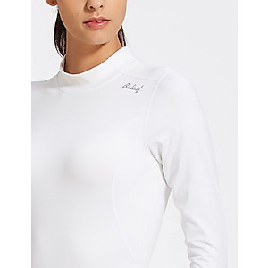 BALEAF Thermal Long Sleeve Running Shirt Women Workout Tops Gym Clothes Mock Neck Fleece Hiking Skiing Base Layer for Winter Cold Weather White L