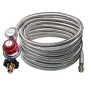 DOZYANT 12 Foot 0-30 PSI High Pressure Adjustable Propane Regulator with Gauge Indicator, Stainless Steel Braided Hose, Gas Grill LP Regulator for Burner, Turkey Fryer, Forge, Smoker and More