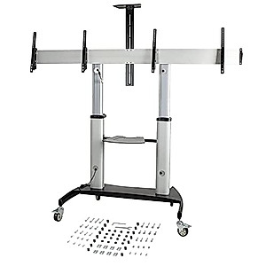 StarTech.com Dual TV Cart for 37-60in VESA TVs up to 110lb/50kg Each - Height Adjustable TV Mount, Mobile Display Cart w/Equipment Shelves - Rolling TV Cart on Wheels - Rolling TV Stand (STNDMTVDUO)