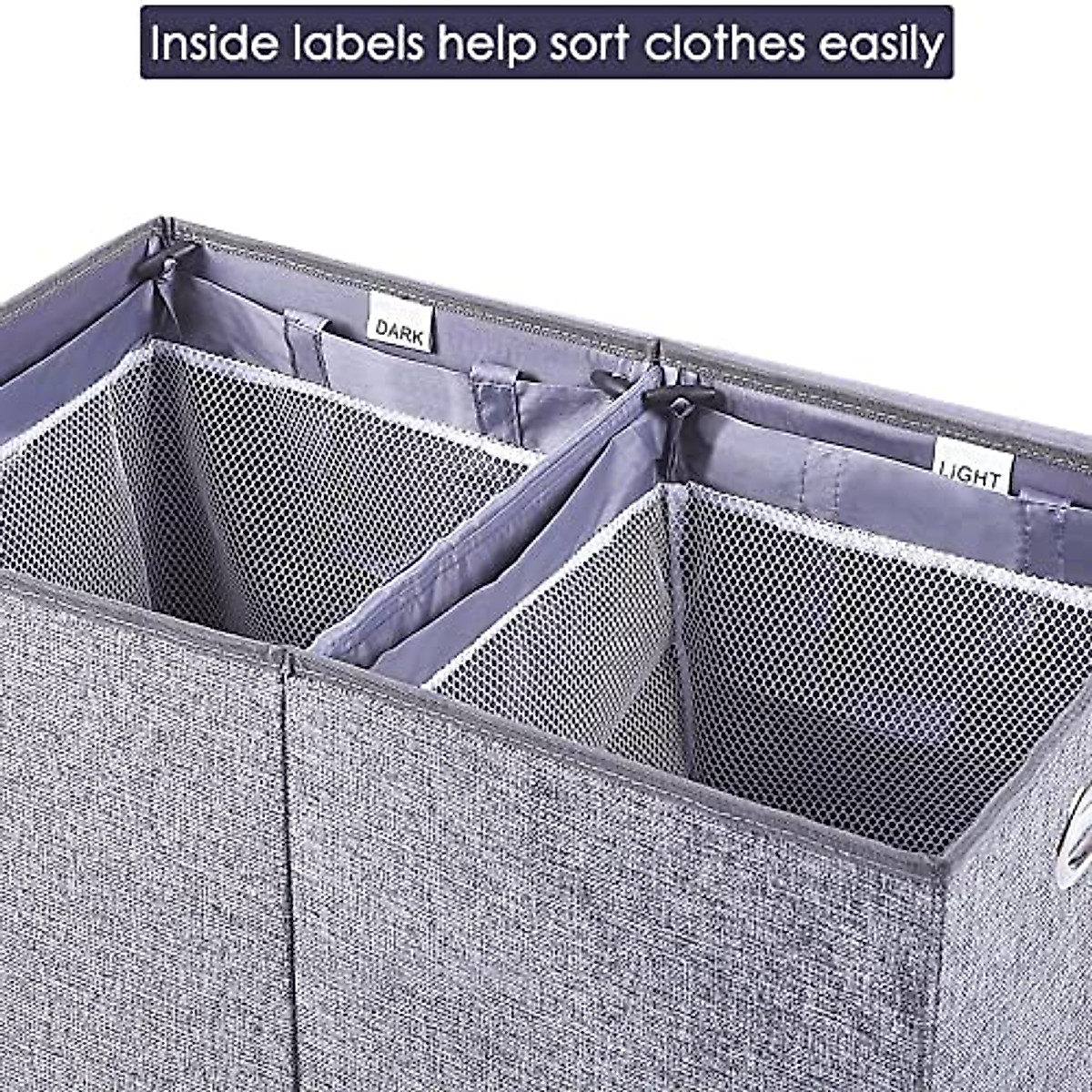 SUPERJARE Double Laundry Hamper with 2 Removable Liner Bags, 150 L Large Laundry Basket with Magnetic Lid, Collapsible Clothes Hamper with Easy Carry Built-in Handles, 2 Section, Linen Gray