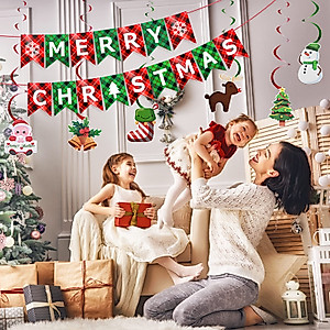 cobee Merry Christmas Banner, Xmas Signs Hanging Banner, Plaid Red Green Christmas Banner with Christmas Tree Santa Elk and Sock Snowman Spiral Strip Ornaments for Home Wall Fireplace Party Supplies