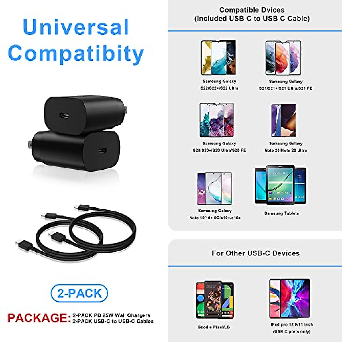 USB C Fast Charger, 25W USB C Wall Super Charger Block with 6FT Type C Charger Fast Charging Cable for Samsung Galaxy S22/S22 Ultra/S22+/S21/S21 Ultra/S20 Ultra/Note 10/Note 20, for iPad Pro 11/12.9