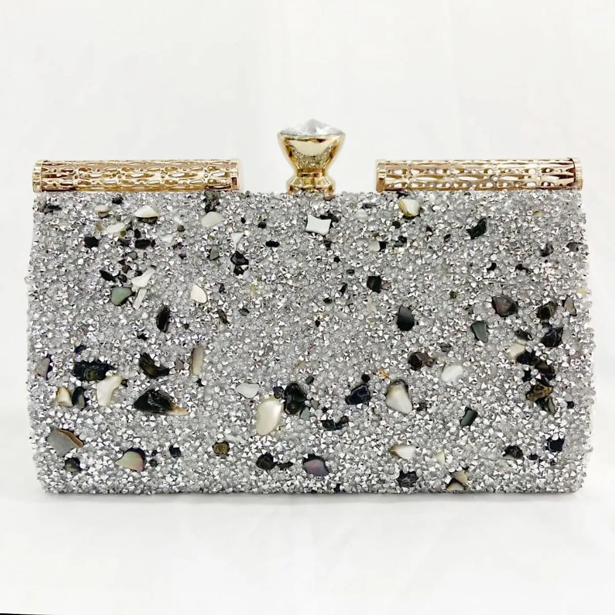 Felice Ann Glitter Rhinestone Sequins Evening Clutch Handbag Chain Strap Crossbody Shoulder Bag, Silver
