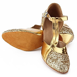 Honeystore Women's Glitter Sequin Mary Jane Latin Ballroom Dance Shoes 1920s Prom Salsa Performance Gold 9.5 B(M) US