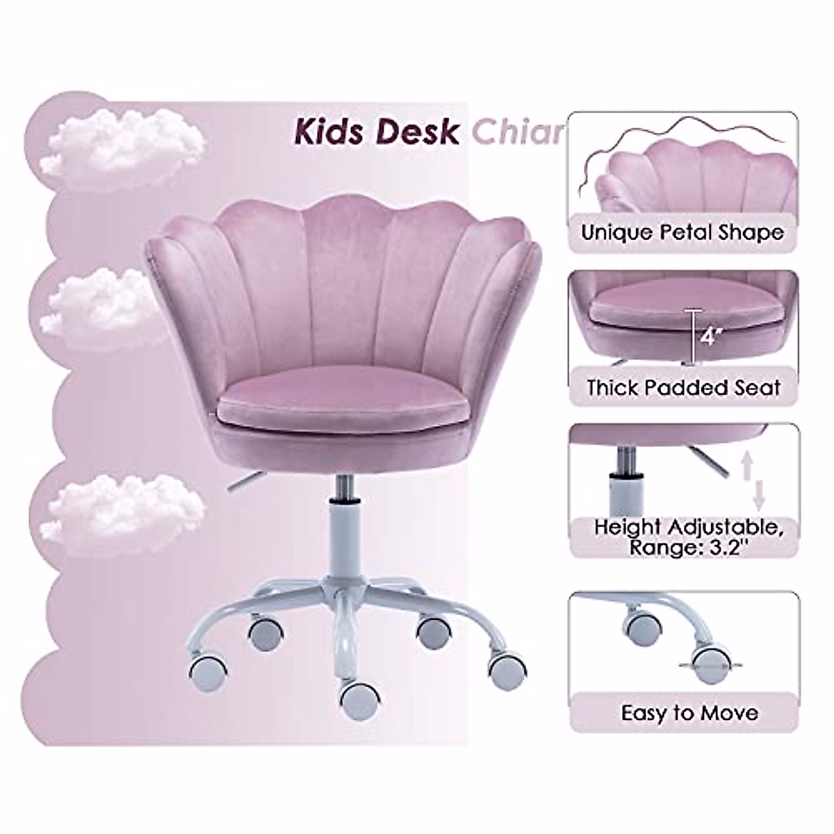 CIMOTA Cute Kids Desk Chair,Velvet Bedroom Chair Adjustable Child Computer Chair Swivel Shell Vanity Chairs for Girls Bedroom/Study Room, Light Purple