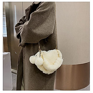 Rejolly Furry Purse for Girls Heart Shaped Fluffy Faux Fur Handbag for Women Soft Small Valentine's Day Shoulder Bag Clutch Purse with Pom Poms Creamy White