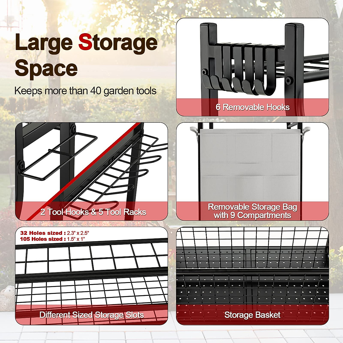 Goplus Garden Tool Organizer, 3-Tier Garage Tool Storage Cart w/Removable Hooks, Side Bag, Universal Wheels, Yard Tool Rack Holder, Metal Tool Rolling Cart for Shed, Lawn