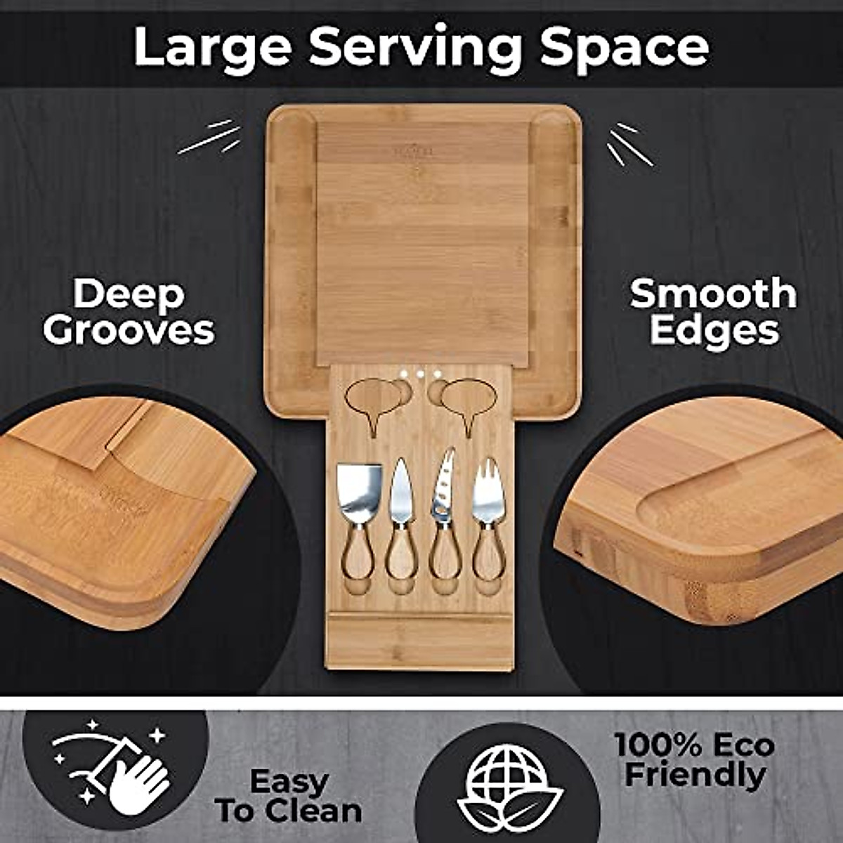 ECOEXL Cheese Board Charcuterie Board Set - Bamboo Serving Platter & Cutting Knives Unique Gift Idea for Him & Her Housewarming, Bridal Shower, Anniversary, Wedding, New House & Couple