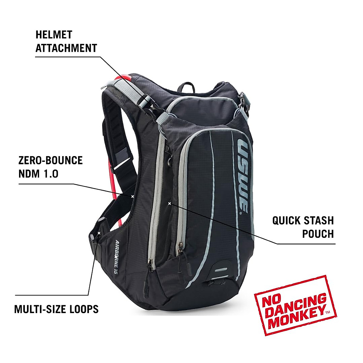 USWE Airborne - Hydration Pack with Hydration Bladder, Bounce Free Backpack for MTB, Cycling, Mountain Biking (15L, Gray/Orange)