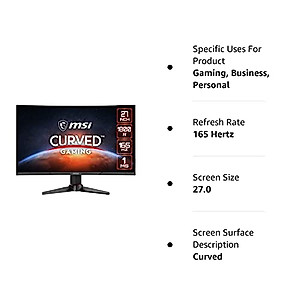 MSI MAG270VC2, 27" Gaming Monitor, 1920 x 1080 (FHD), VA 165Hz, FreeSync, HDMI, Displayport, Tilt, Swivel, Height Adjustable