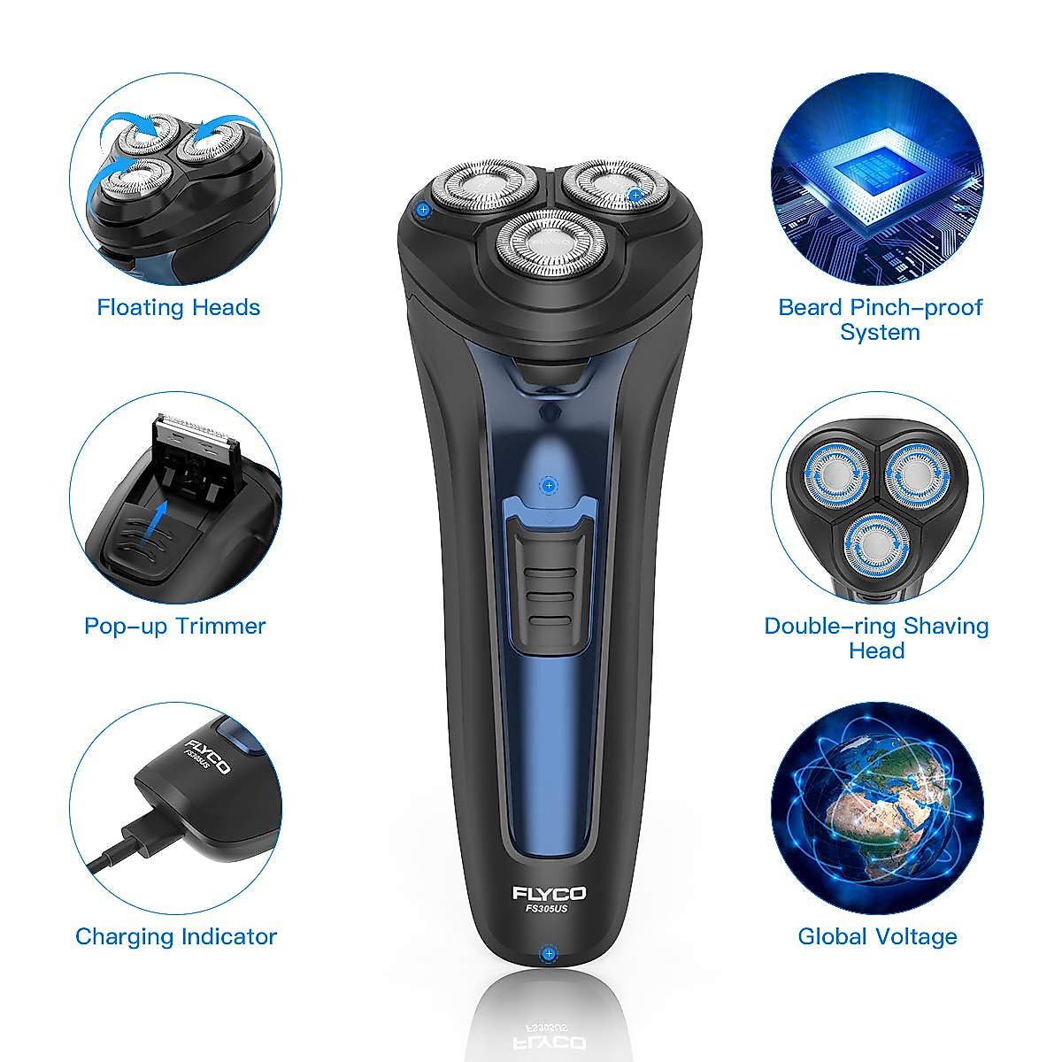 Electric Razor for Men, FLYCO Rechargeable Rotary Shaver, Waterproof IPX7, Wet & Dry Shaving Machines for Men with Pop-up Trimmer