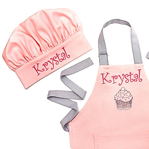 Kids Apron for Cooking Girl Embroidered Personalized Pink Teens Adults, Baking Custom Chef hat (01 pink)