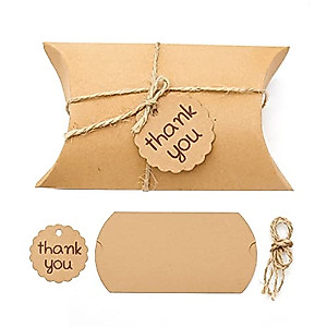 Saihisday 50PCS Kraft Pillow Boxes, 5.2x3.5x1.6 Inches Candy Favor Paper Box, Brown Gift Box with Tag for Candy Chocolate Bakery Birthday Graduation Wedding Party ("Thank you" Text Tag)
