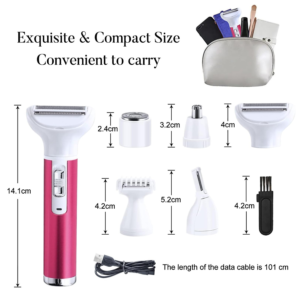 Electric Lady Shaver,Women Razors for Shaving 5-in-1 Set Painless Hair Shaver for Women Face, Eyebrow, Legs and Underarm, Portable Bikini Trimmer Wet & Dry Hair Removal, Micro USB Rechargeable